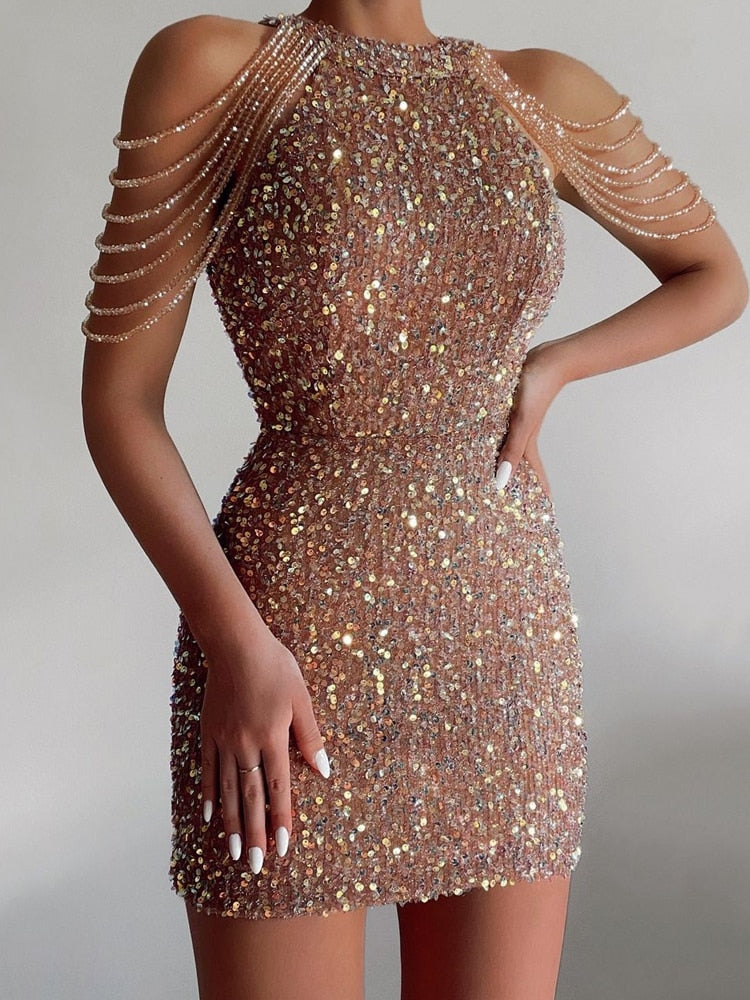 Sparkly Sequin Shoulder Strap Cocktail Dress Satin Sox